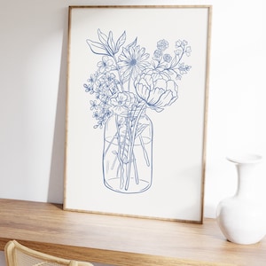 Blue Flower Botanical Print, Flower Bouquet Floral Wall Art, Modern ...
