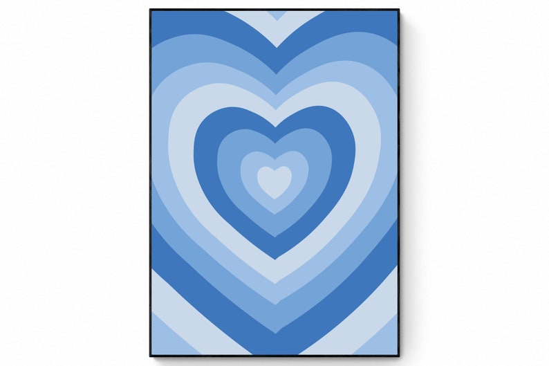 Blue Retro Heart Print, Psychedelic Heart Wall Art, Trendy 60s 70s Wall ...