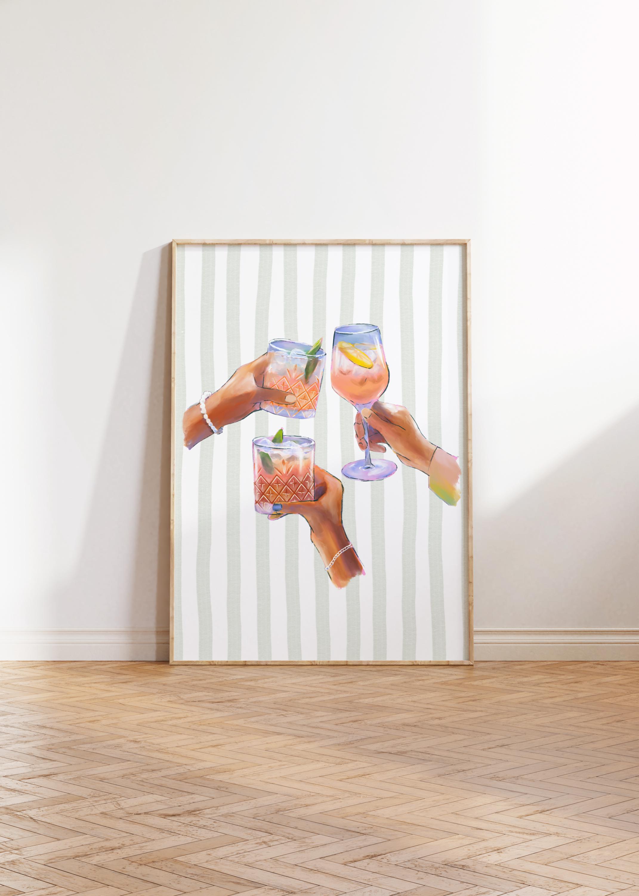 Sage Green Cheers Striped Print Bar Cart Poster Trendy Kitchen Art ...