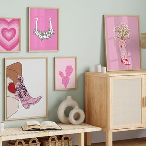 Retro Wall Art Set of 5, Trendy Pink Western Bundle, Dorm Wall Decor ...