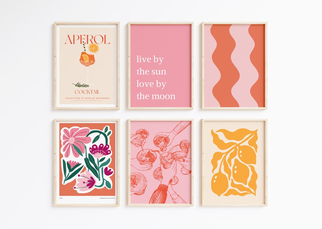 Pink and Orange Preppy Aesthetic Gallery Wall Prints Set, Trendy Retro ...