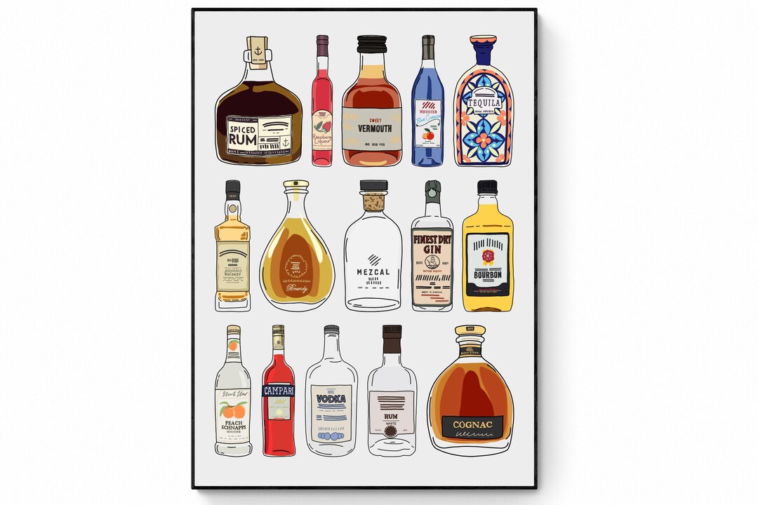 Bar Cart Art Printable, Boozy Art, Wine Bottles, Alcohol Art, Alcohol ...