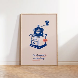 Hand Drawn Blue Coffee Print, Italian Kitchen Print, Retro Coffee Print ...