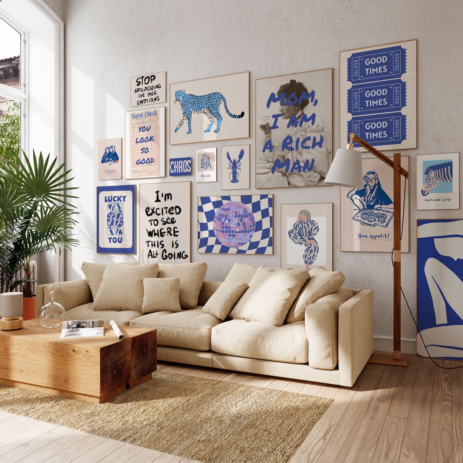 Blue Preppy Aesthetic Gallery Wall Prints Set, Trendy Retro Wall Art ...