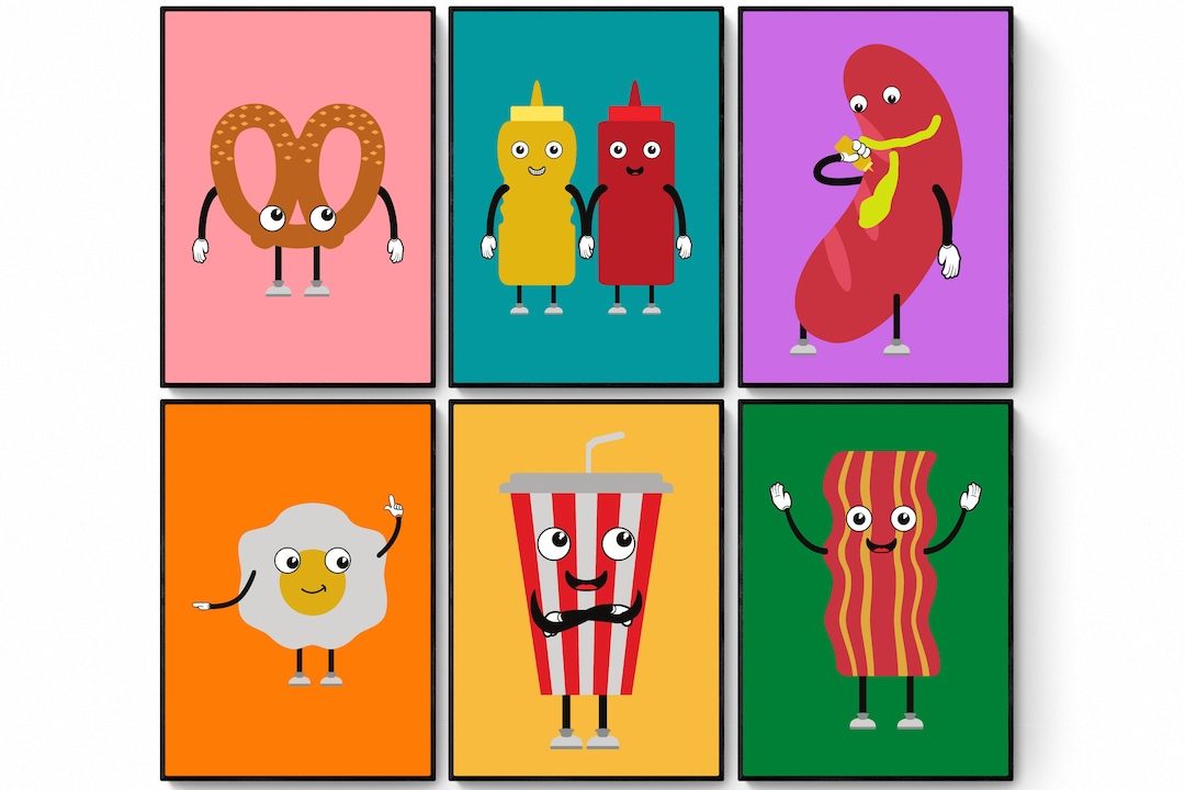 Trendy Gallery Set of 6 Fest Food Prints, Retro Food Poster, Cartoon ...