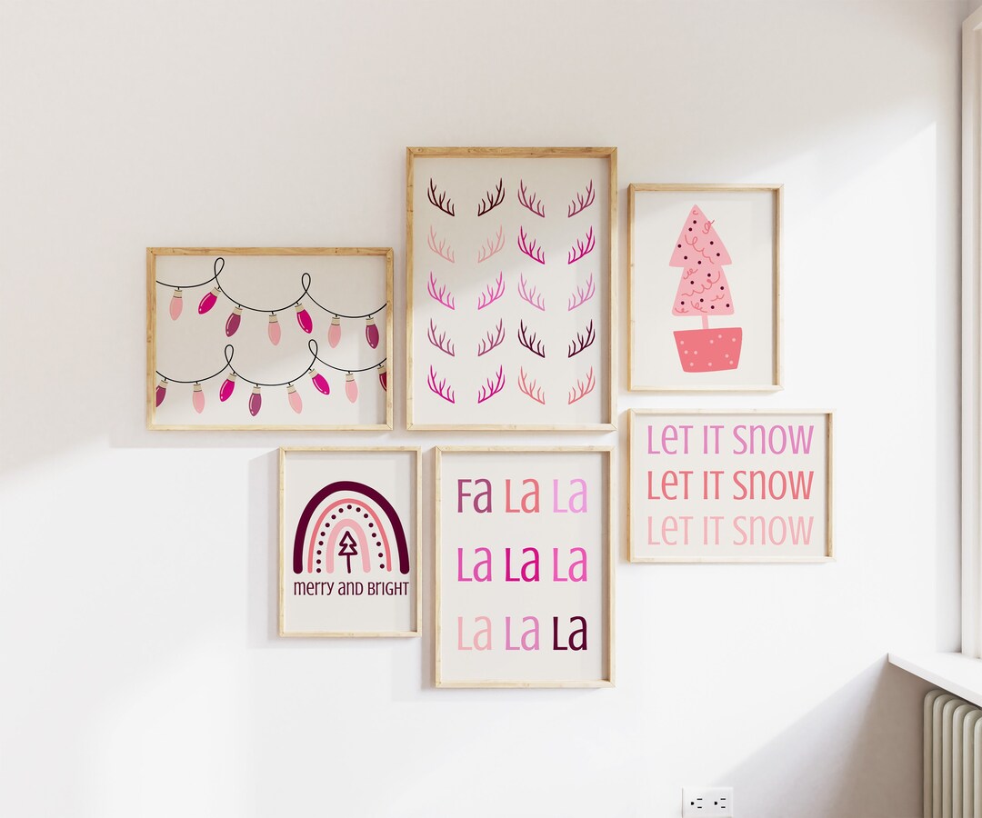 Pink Christmas Set of 6 Printables, Pink Christmas Decor, Retro ...