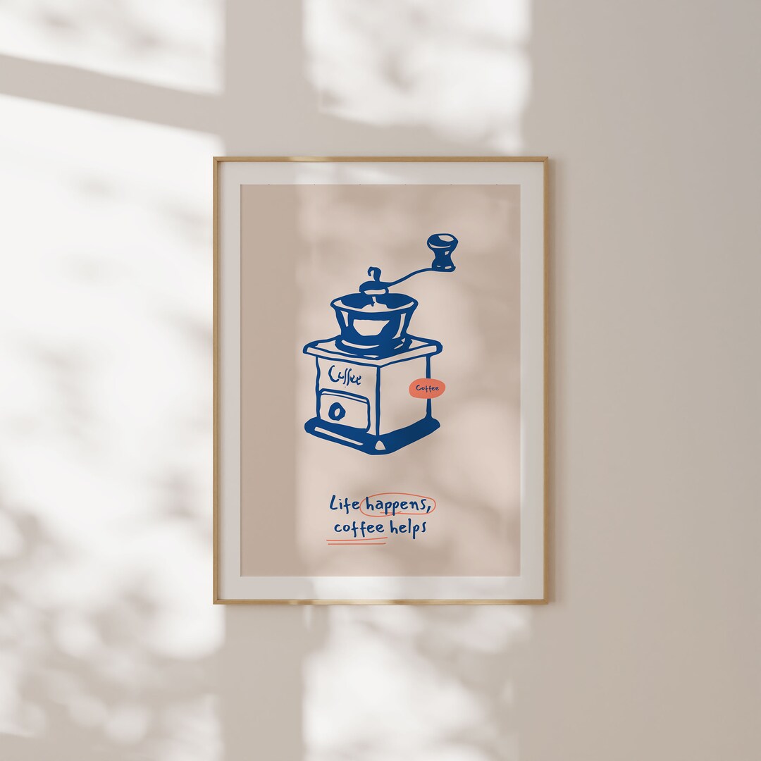 Hand Drawn Blue Coffee Print, Italian Kitchen Print, Retro Coffee Print ...