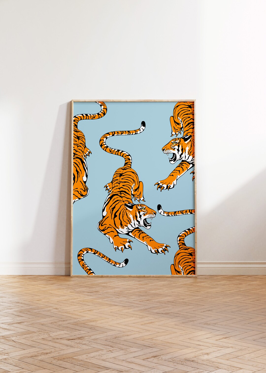 Roaring Tiger Print, Light Blue Tiger Art Print, Boho Home Decor ...