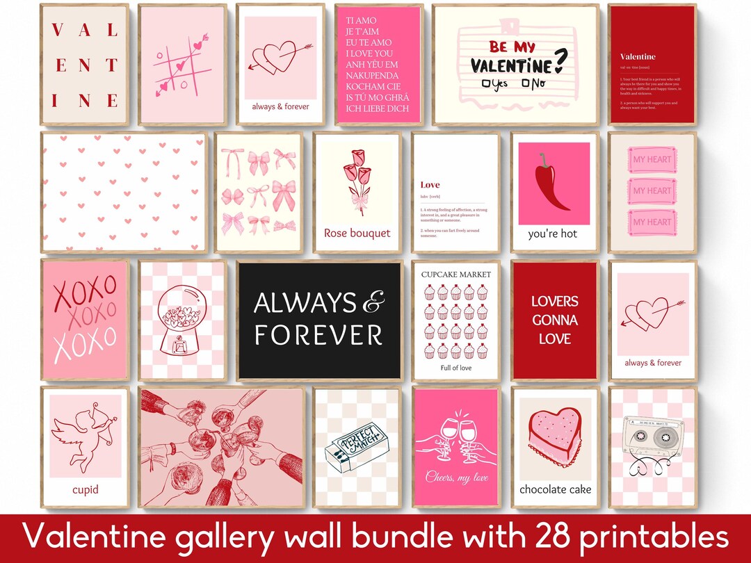 Valentine Day Decor Set of 28 Printables, Valentines Party Decor, Retro ...