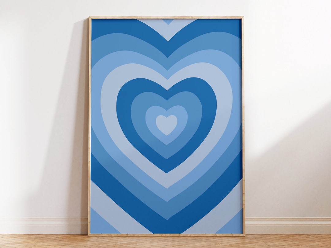 Blue Retro Heart Print, Psychedelic Heart Wall Art, Trendy 60s 70s Wall ...