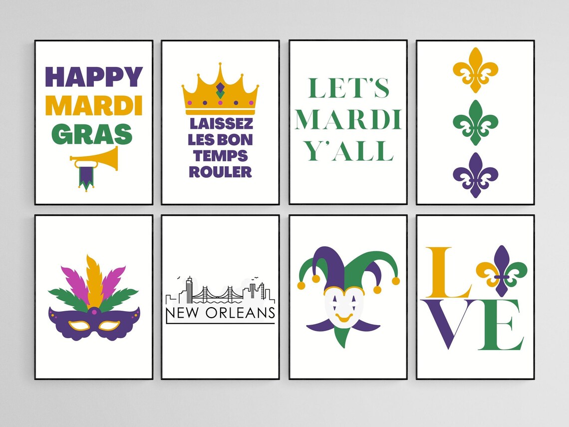 Mardi Gras Decor Set of 8 PRINTABLES, Mardi Gras Decorations, New ...