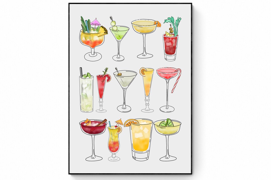 Cocktail Print, Cocktail Bar Printable Art, Bar Cart Wall Art, Colorful ...