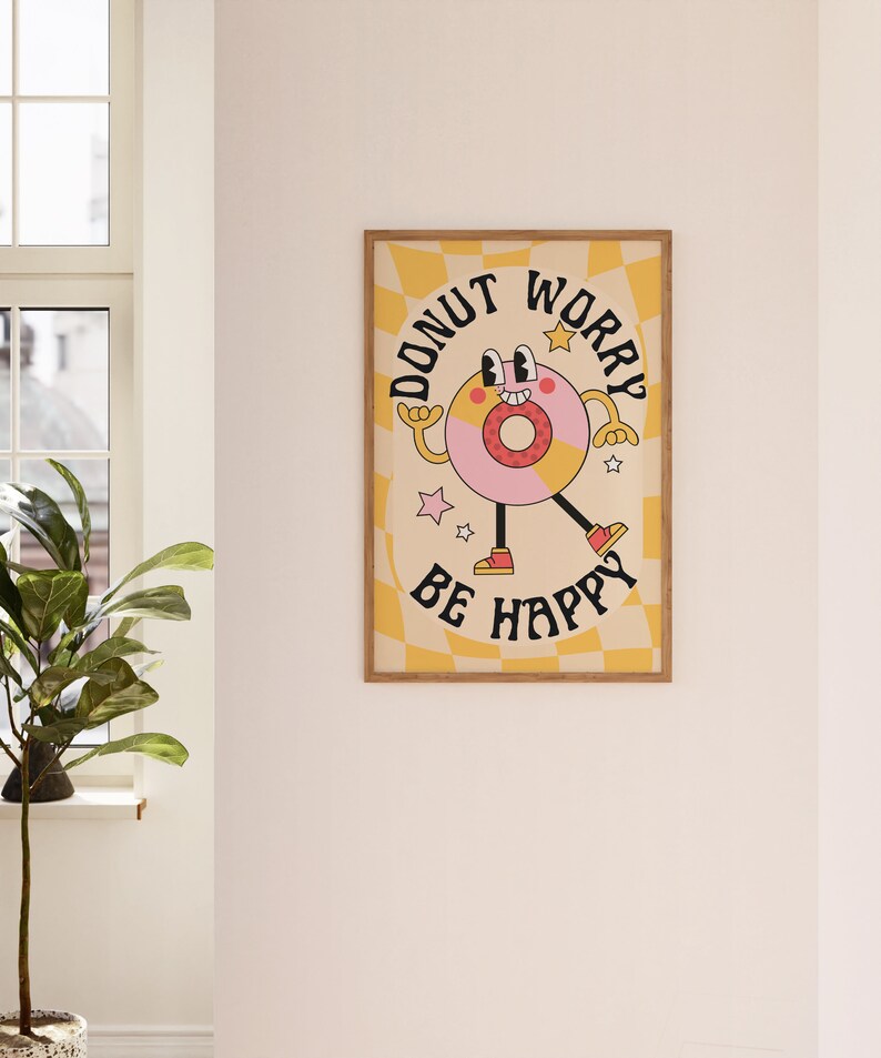 Donut Worry Be Happy Retro Character Print, Fun Kitchen Print, Retro ...