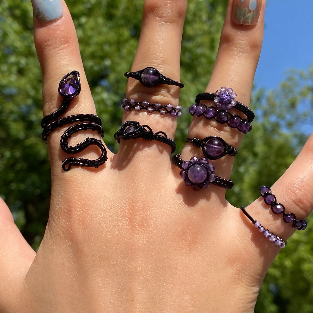 Black Rings in Gothic Styles,hand Wire Wrapped Jewelry With Amethyst ...
