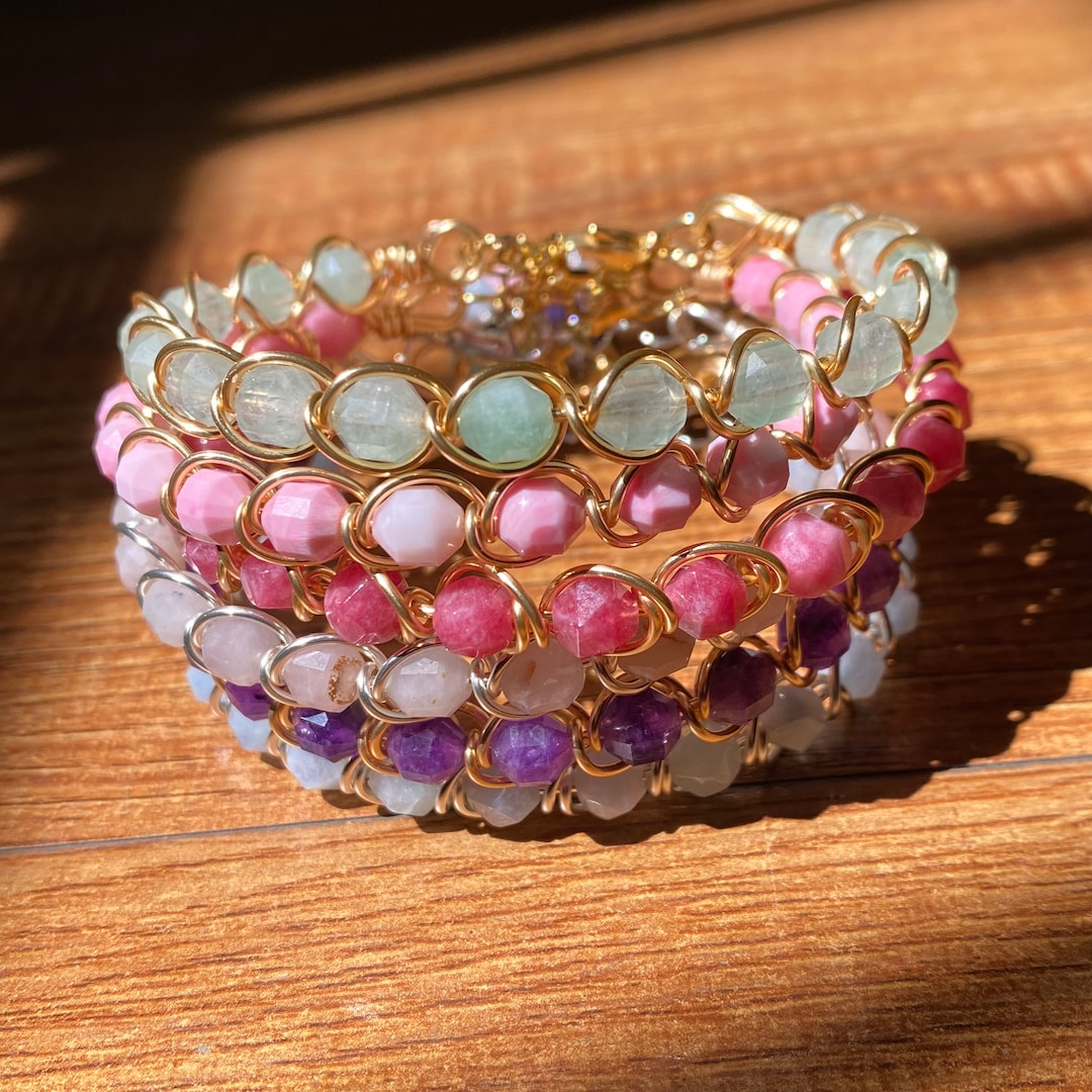 Handmade Wire Wrapped Rhodonite Bangle ,crystal Jewelry Unique Gift for ...