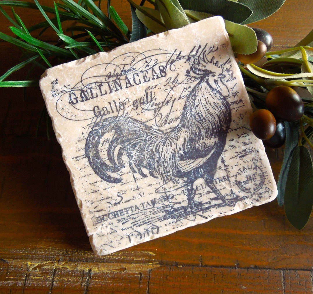 Rooster Chicken Marble Coaster: Italian Handwritten Design, Natural ...