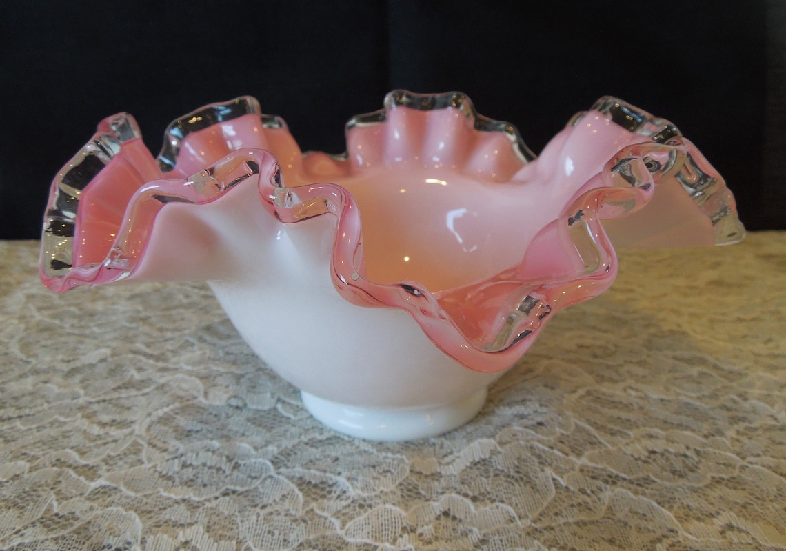 Vintage Fenton Ruffled Edge Pink and White Bowl Clear Edge - Etsy