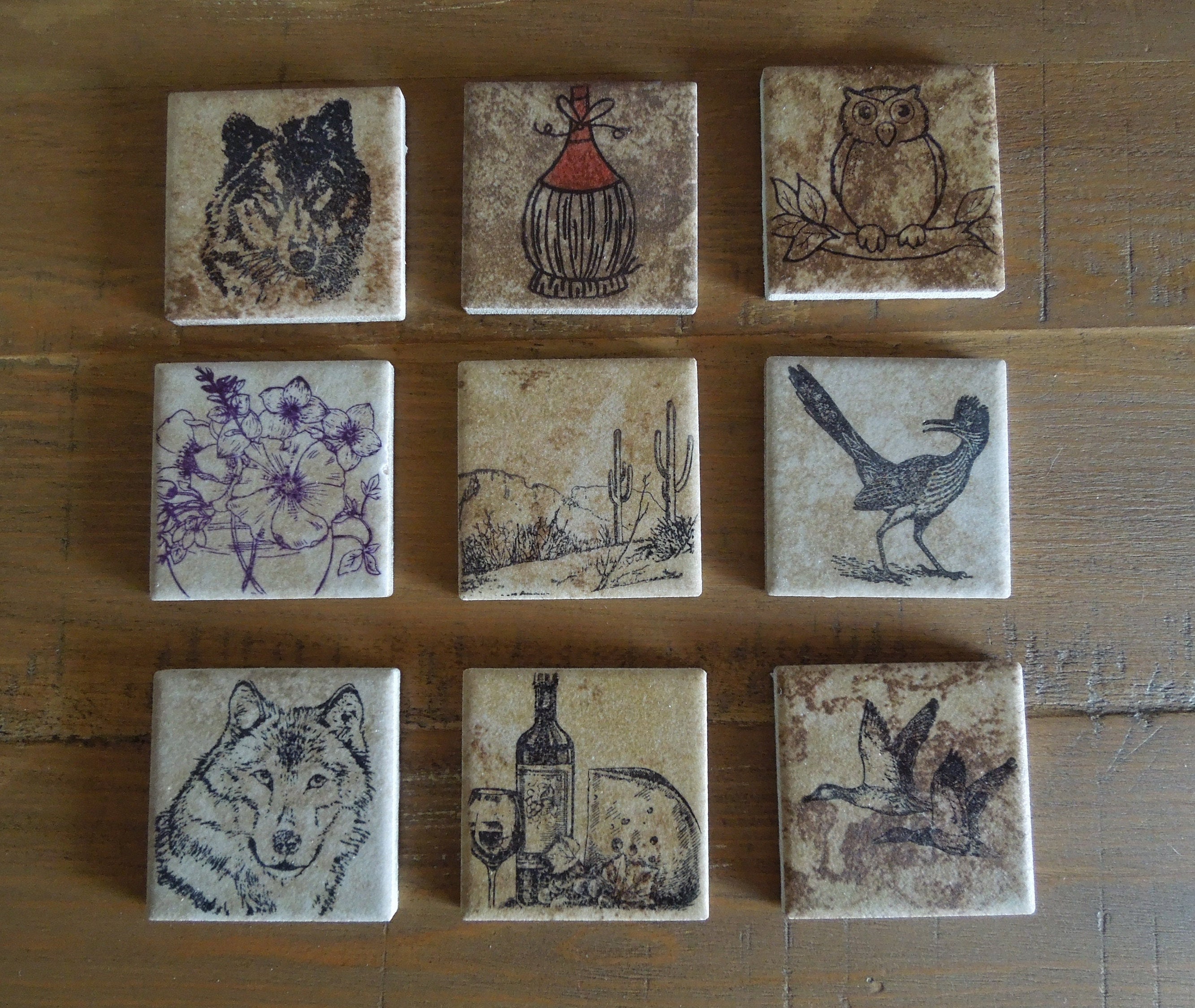 Rustic Ceramic Tile Magnets Wolfs Ducks Owl Flower Pot - Etsy