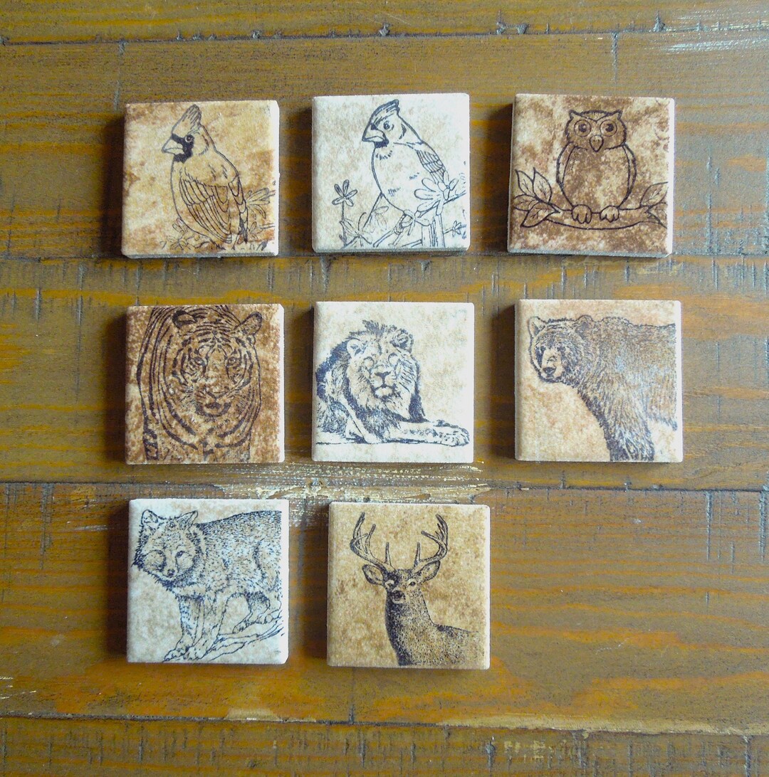 Rustic Ceramic Tile Magnets With Cardinals, Owl, Tiger, Lion, Bear, Fox ...