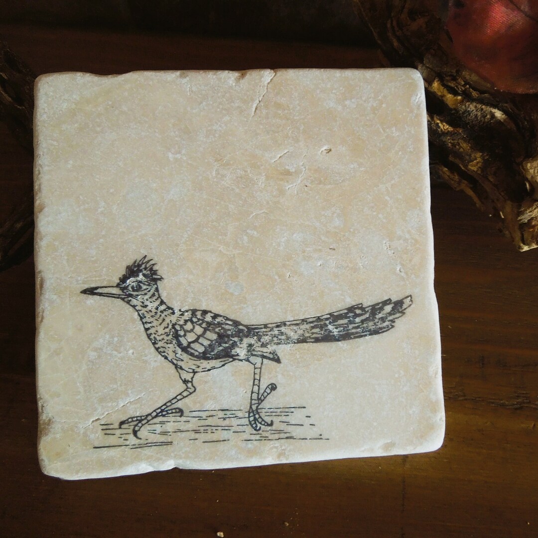 Roadrunner on Beige Marble Tile Coaster, Natural Stone Wildlife Coaster ...
