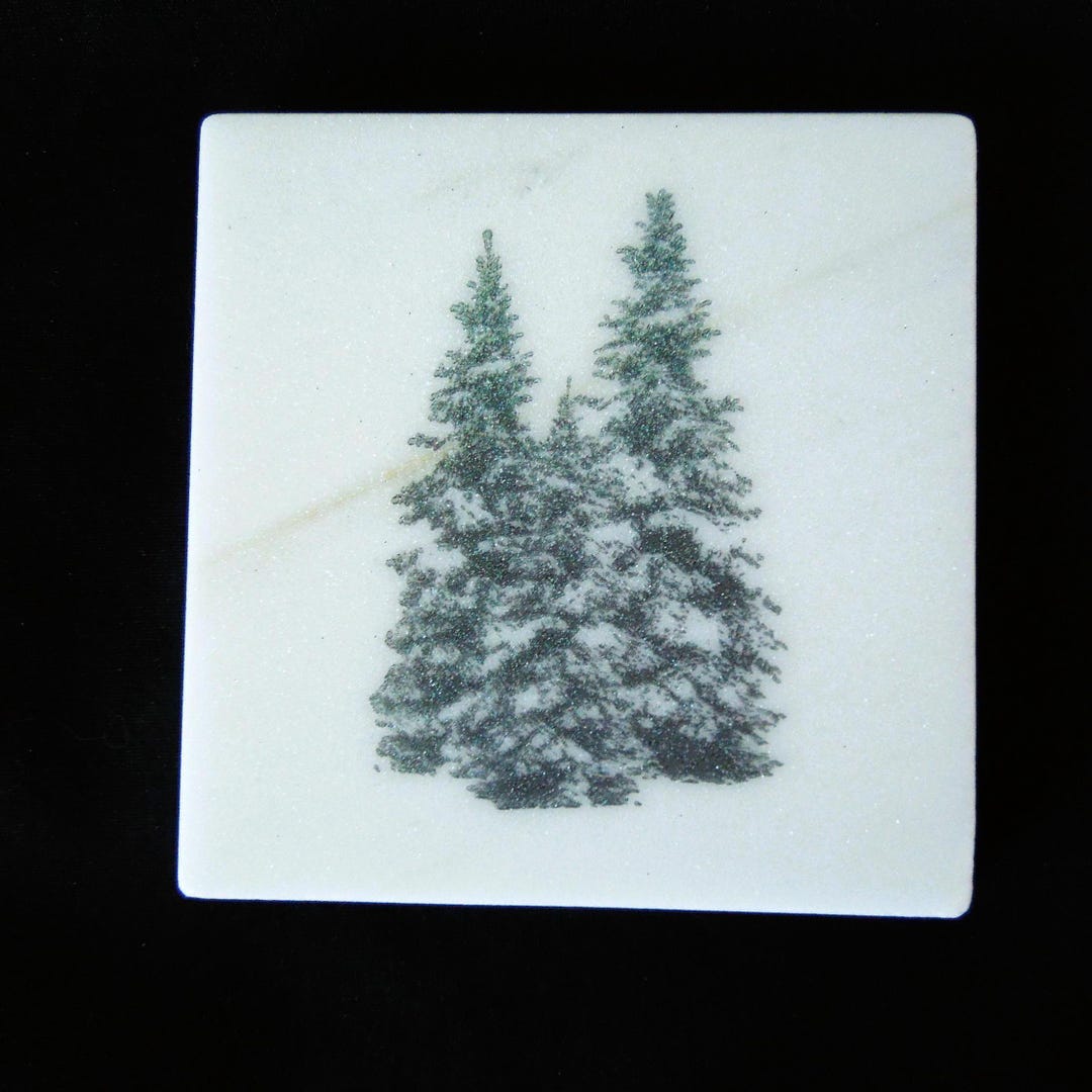 Winter Pine Trees on Italian Calacatta Marble Tile, Handmade Coaster ...