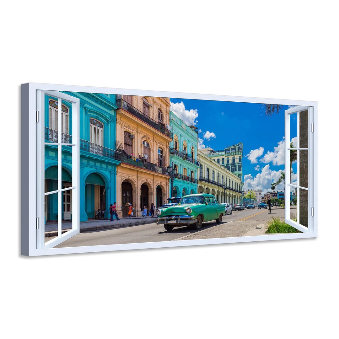 Window Painting Panorama Cuba Vintage Car - Canvas Print With Wooden ...