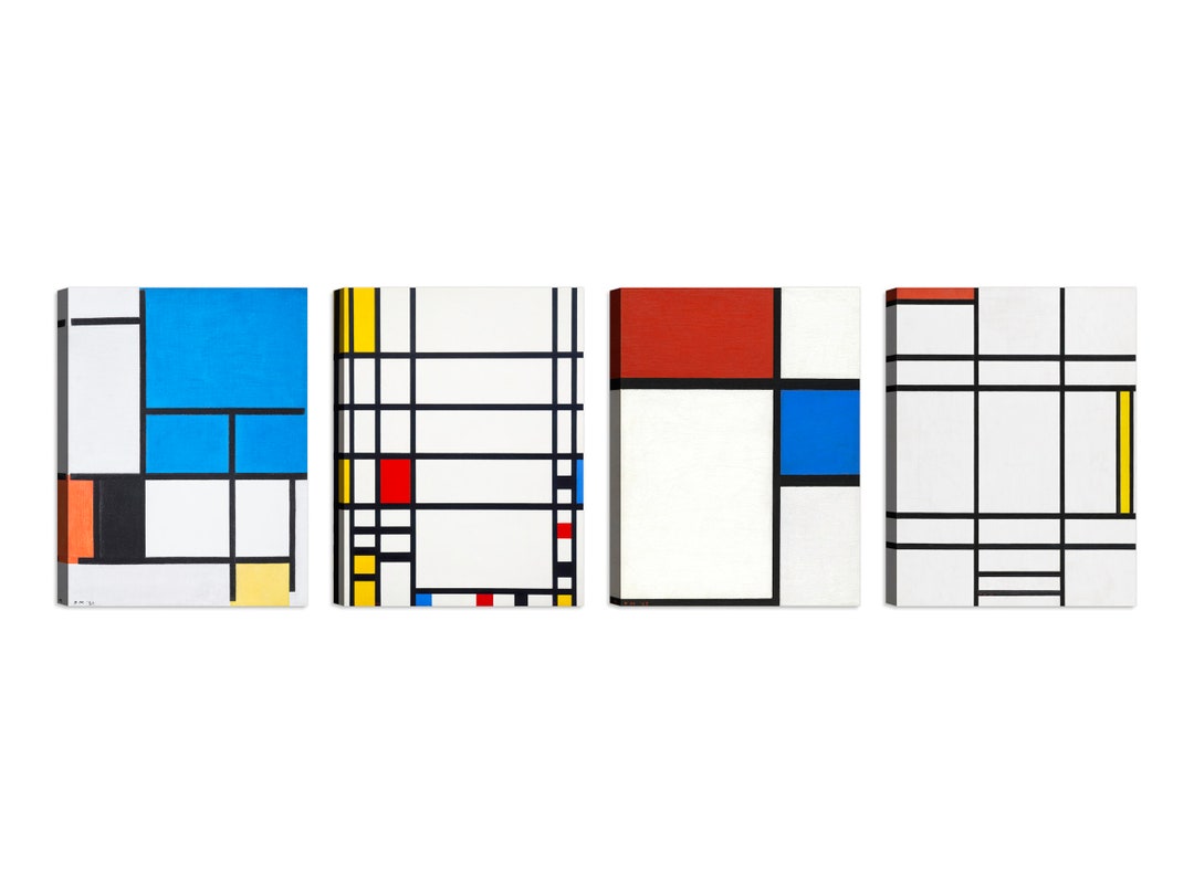 4 Piece Piet Mondrian 3D Printed Wooden Frame Canvas Paintings With ...