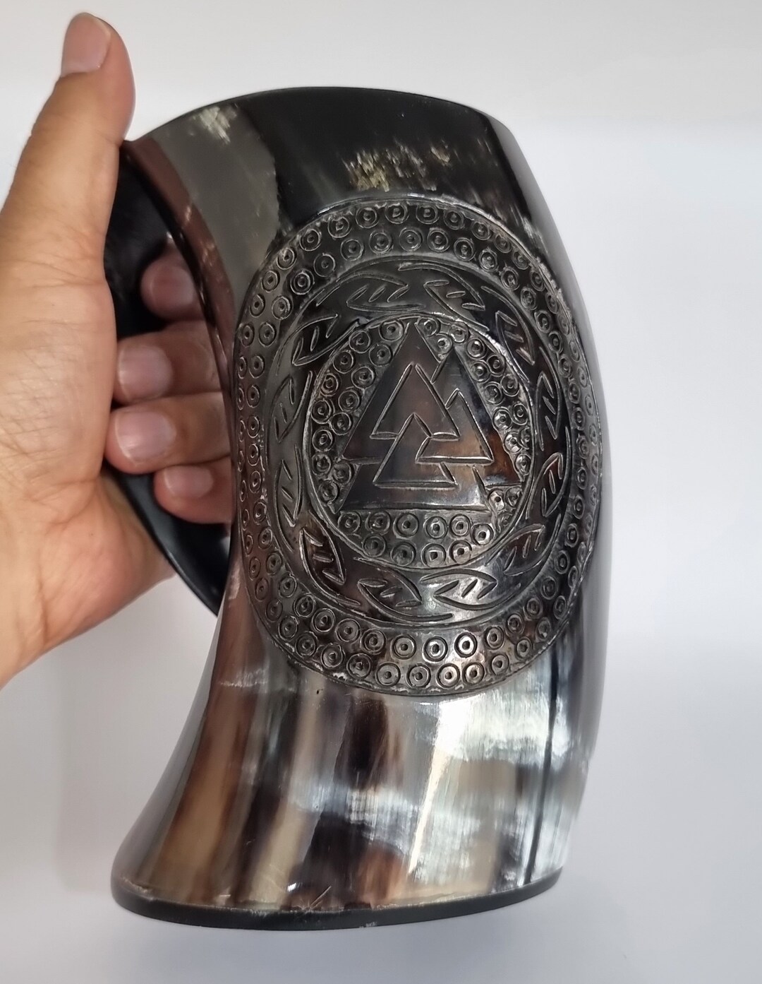 Viking Drinking Horn Mug 300 to 400 Ml Capacity Valknut Carving With ...