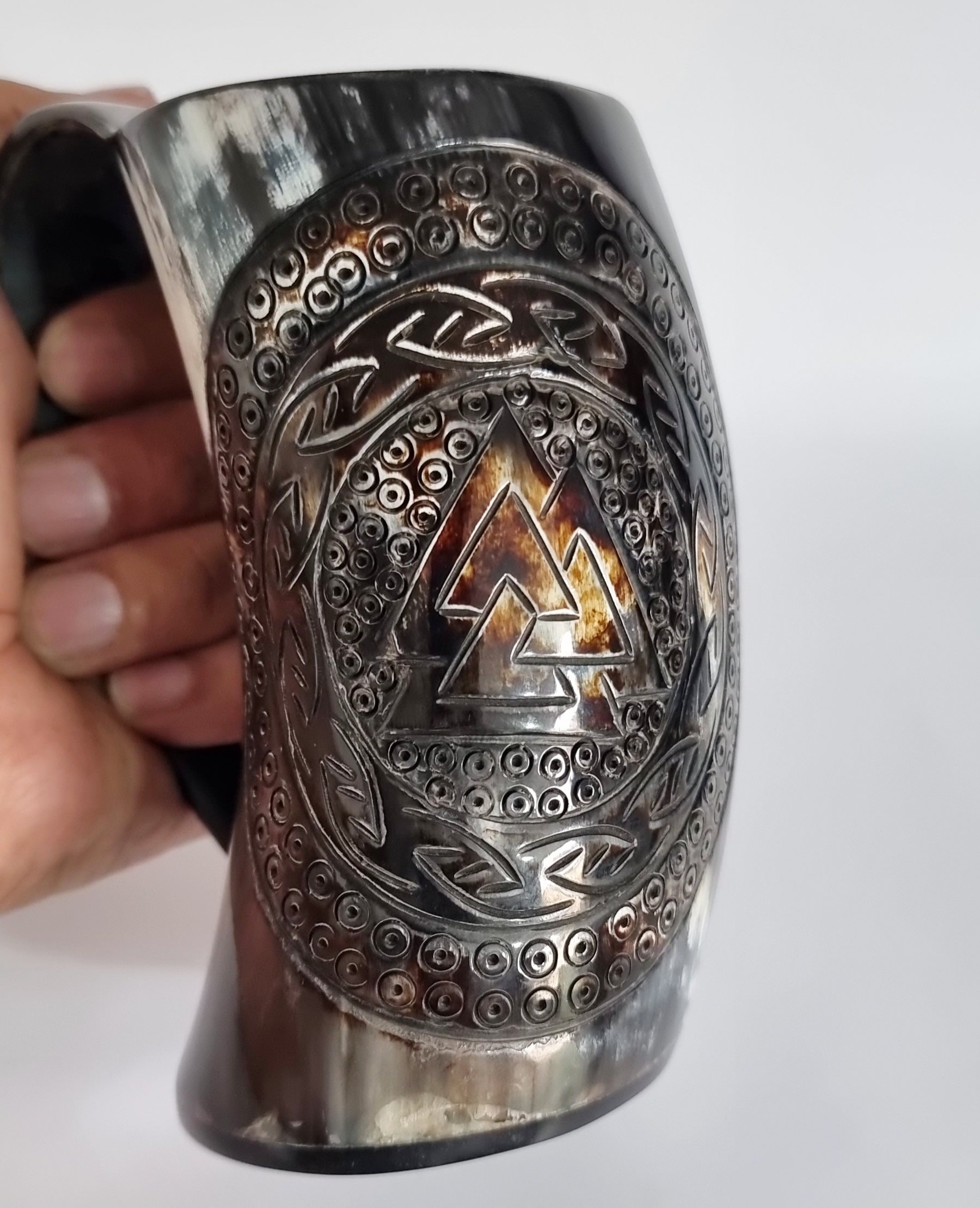 Viking Drinking Horn Mug 300 to 400 Ml Capacity Valknut Carving With ...