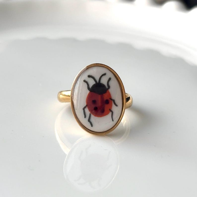 Ladybug Adjustable Gold Ring | Broken China Handmade Jewelry - Etsy UK
