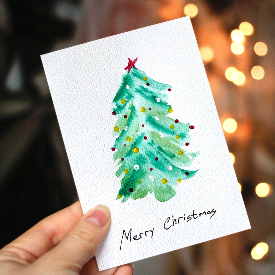 Handmade Watercolor Christmas Tree Card Set Holiday Greetings - Etsy