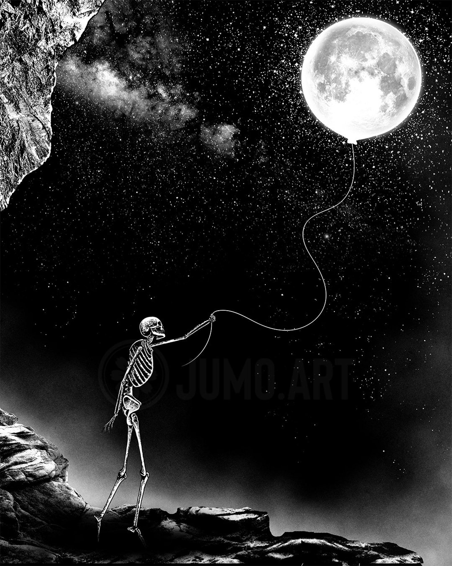 Neverland. Art Print. Skeleton Holding Moon Balloon Surreal - Etsy UK