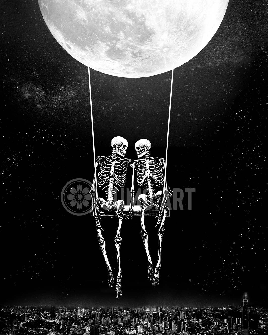 Midnight Moonlight. Art Print. Skeletons on Moon Swing - Etsy UK