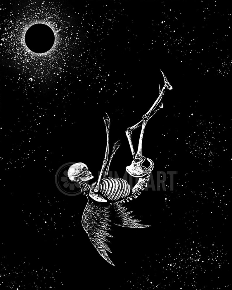 Fallen. Art Print. Angel Skeleton Falling From Sky. Eclipse, Sun and ...
