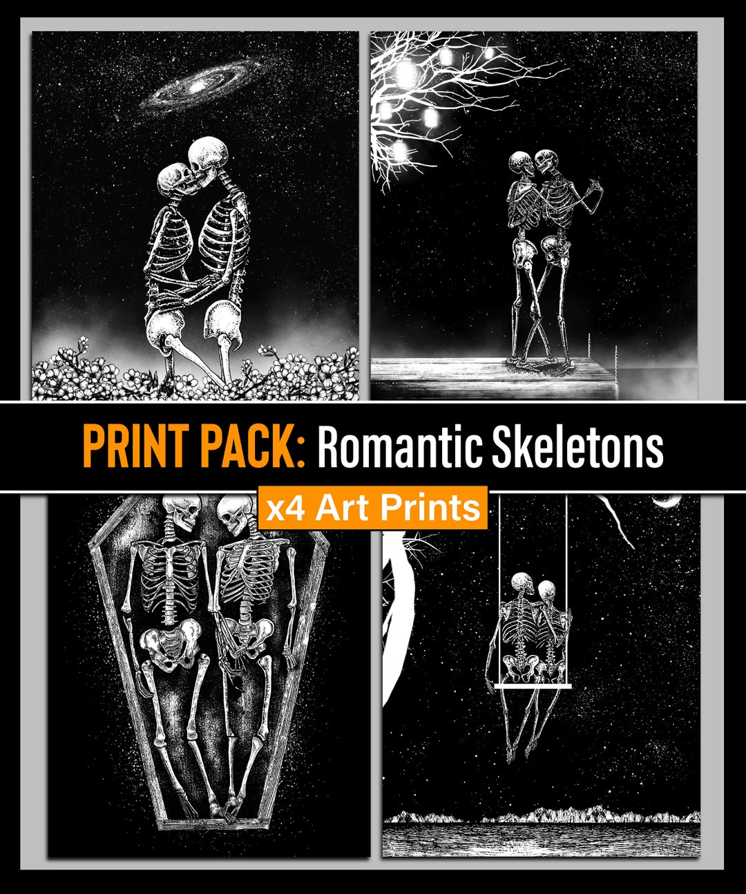 Print Pack: Romantic Skeletons Pack B. X4 Art Prints (8x10"). Skeletons ...