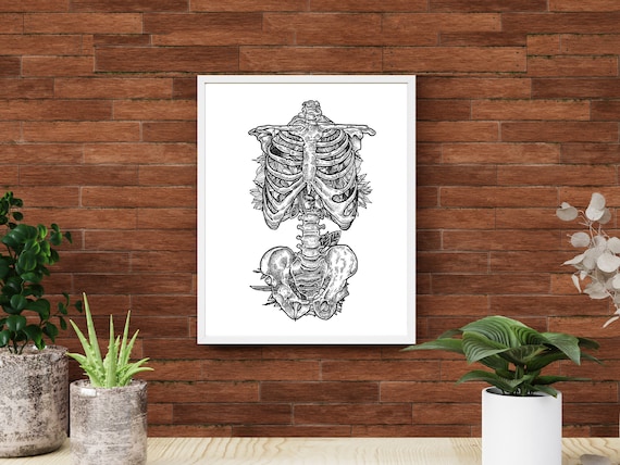 Floral Bones. Art Print. Skeleton Bones Torso Floral Ink | Etsy