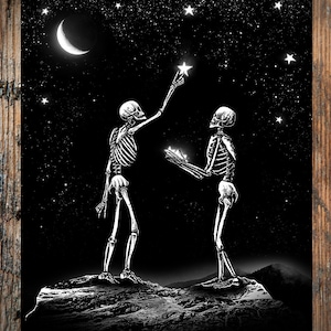 Lucky Stars. Art Print. Skeletons Reaching Stars, Surreal Illustration ...