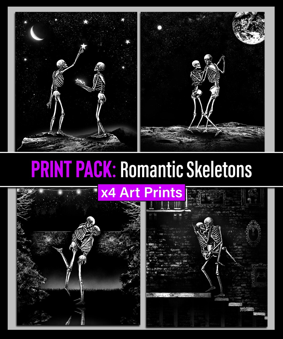 Print Pack: Romantic Skeletons Pack A. X4 Art Prints. Skeletons, Dark ...