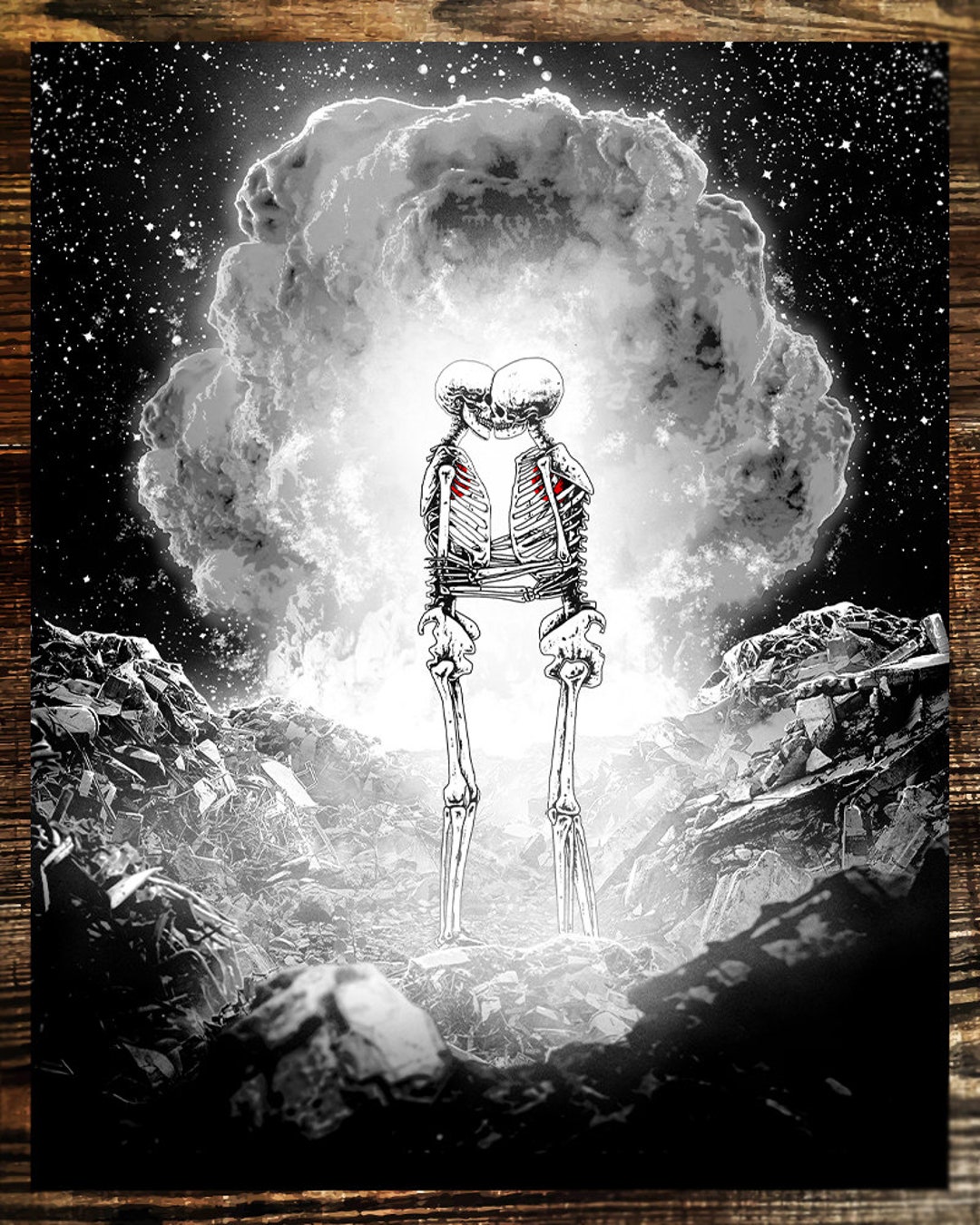Nuclear Love. Art Print. Skeletons Kissing, Explosion, Illustration ...
