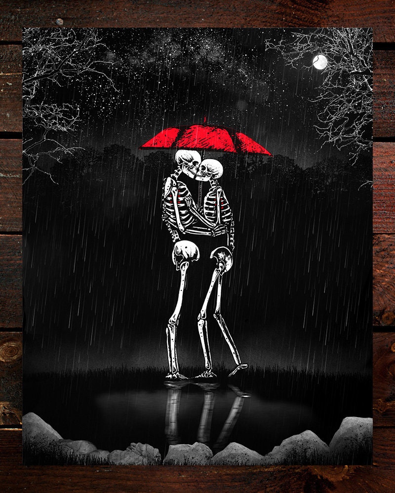 Let It Rain. Art Print. Skeletons Kissing Under Umbrella, Rain, Surreal ...