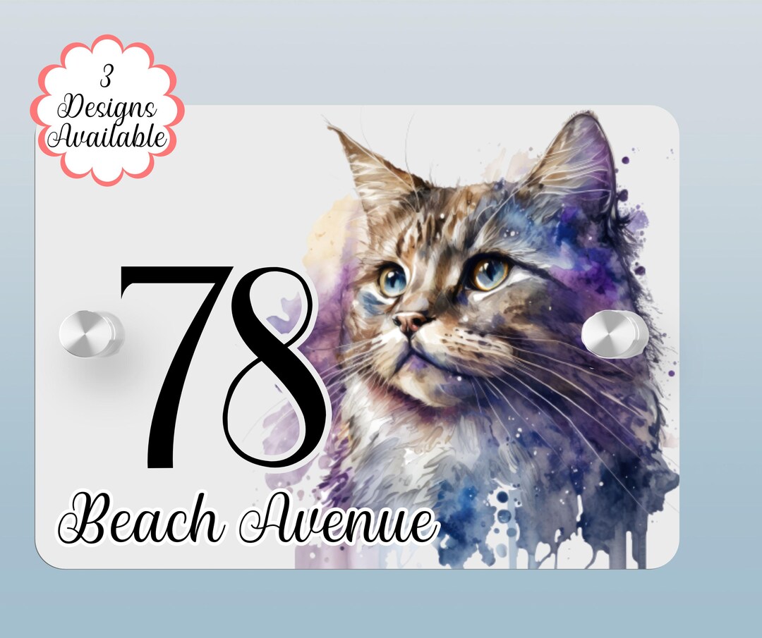 Personalised Watercolour Cat House Sign – Custom House Number Plaque ...
