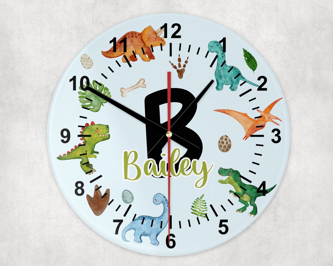 Personalised Glass Dinosaur Wall Clock | Fun Jurassic-themed Décor for ...