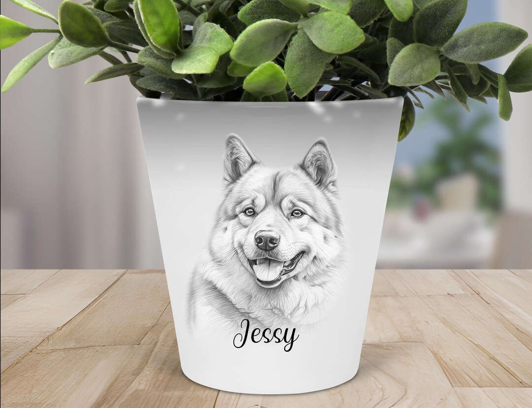Sketched American Akita Printed Plant Pot, Dog Pen Pot / Makeup Brushes ...