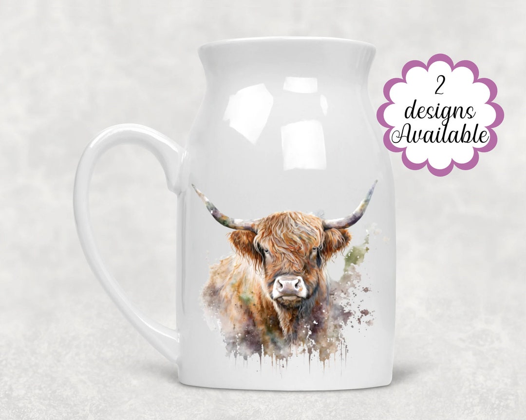 Watercolour Highland Cow Milk Jug / Personalised Flower Vase - Ideal ...