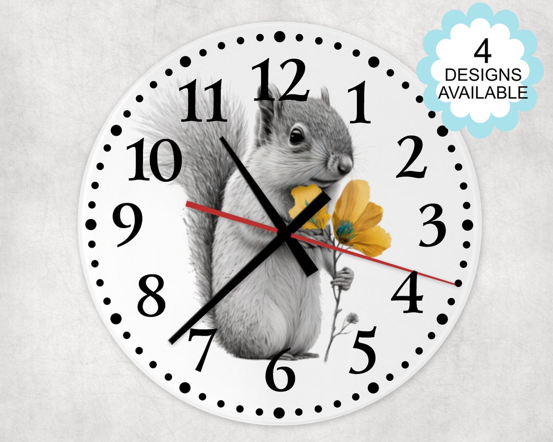 Watercolour Glass Wall Clock Squirrel Home Décor Cute Squirrel Wall ...