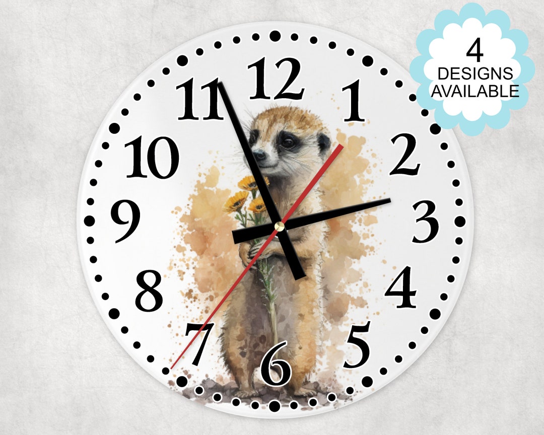 Watercolour Glass Floral Meerkat Clock – Unique Animal Art Home Décor ...