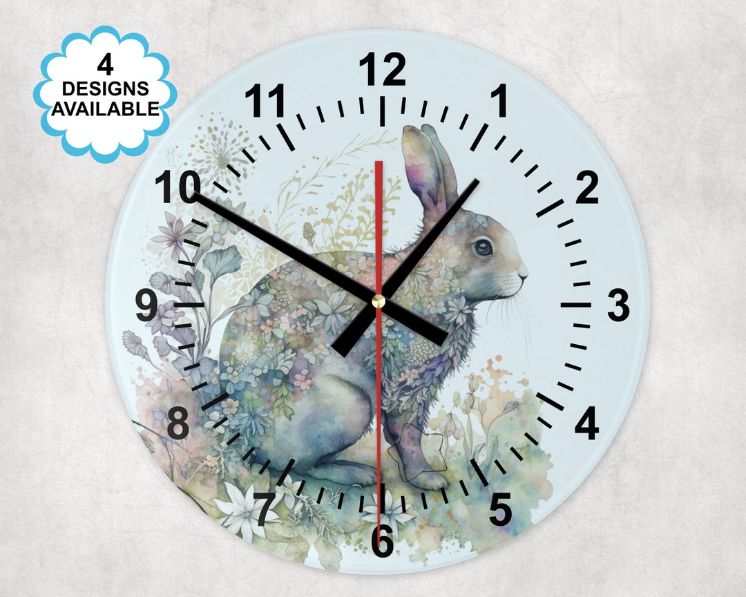 Elegant Glass Watercolour Floral Rabbit Wall Clock A Charming Addition ...
