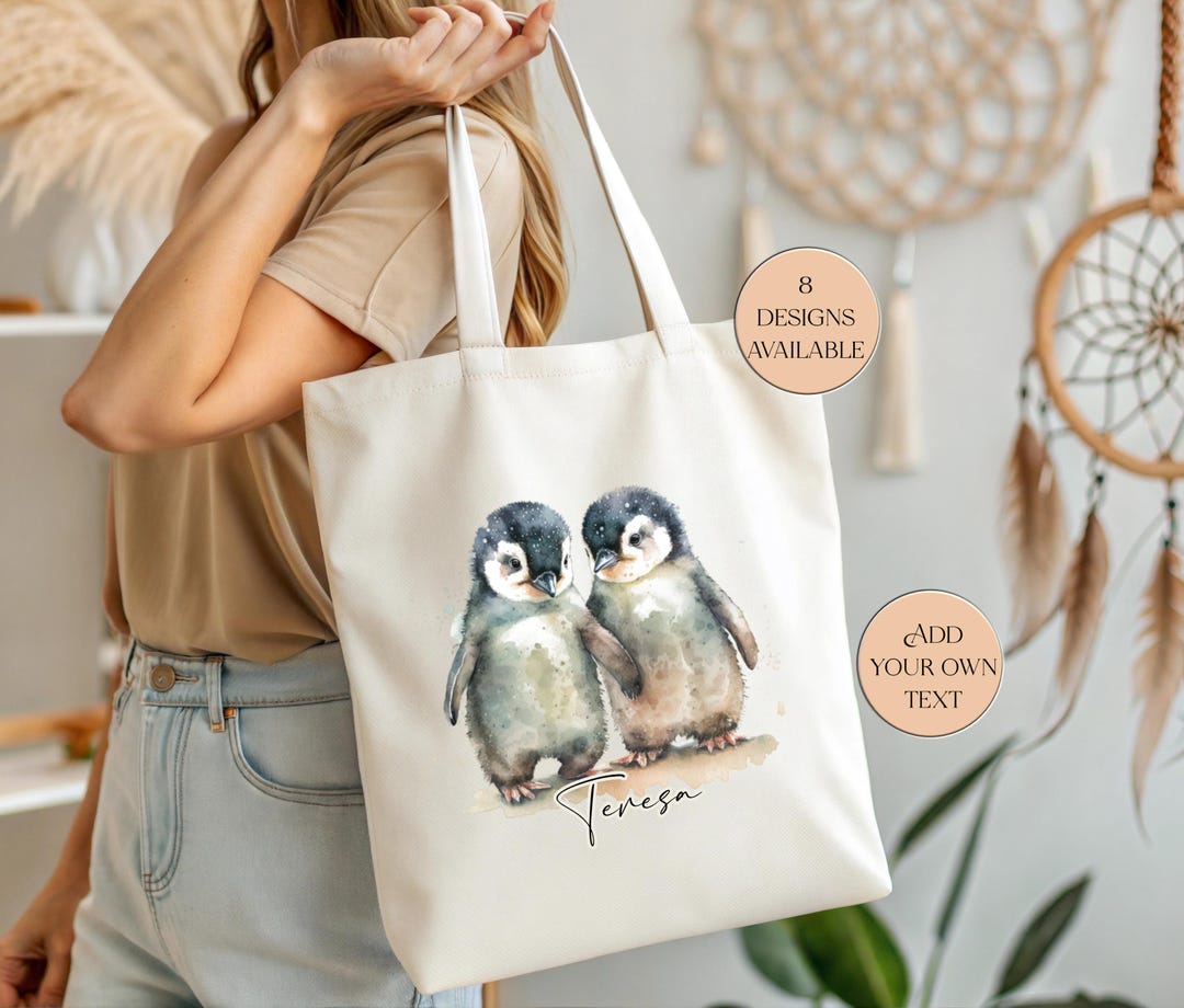 Watercolour Penguin Tote Bag – Long Handle, Cute Penguin Design ...