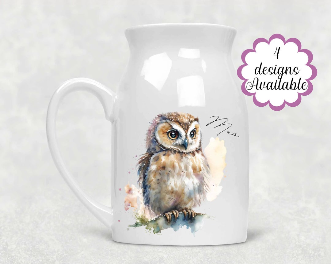 Watercolour Owl Milk Jug / Personalised Flower Vase Thoughtful Gift for ...