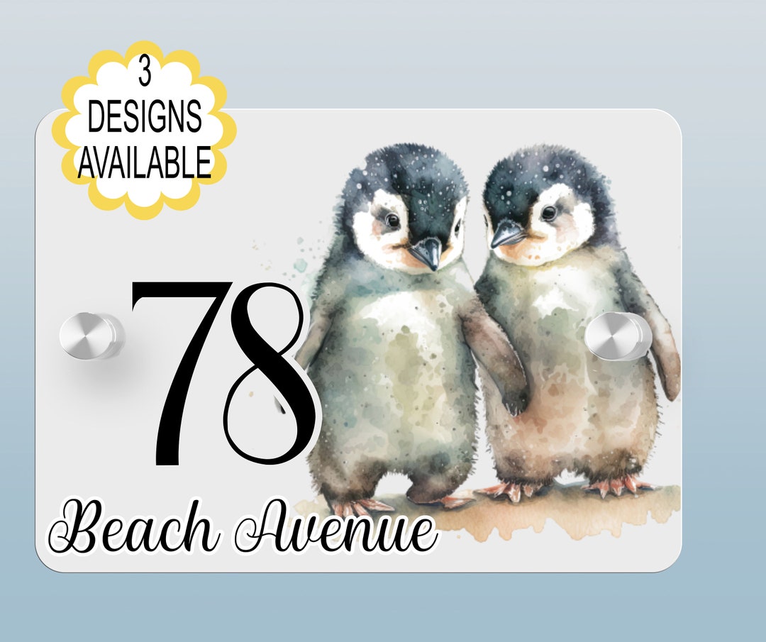 Watercolour Cute Penguin Acrylic House Sign. House Number. Personalised ...
